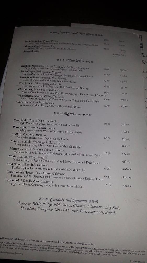 Menu at Shields Tavern restaurant, Williamsburg
