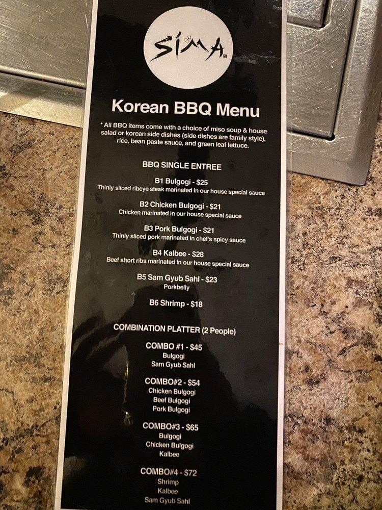 Menu at SIMA restaurant, Kettering