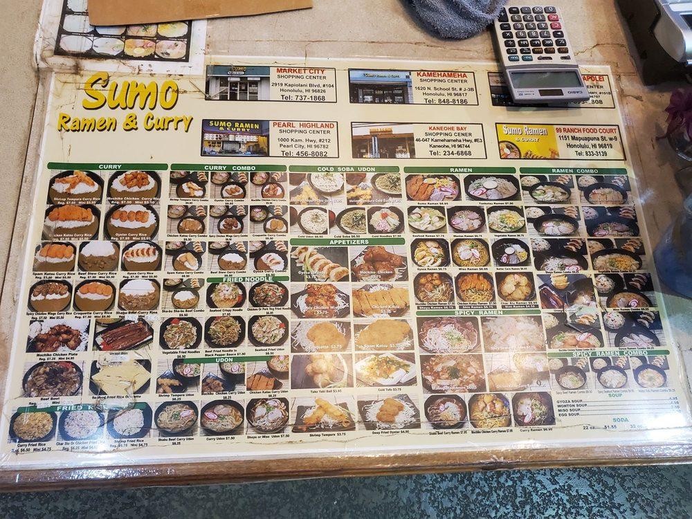 Menu at Sumo Ramen restaurant, Honolulu, Mapunapuna St