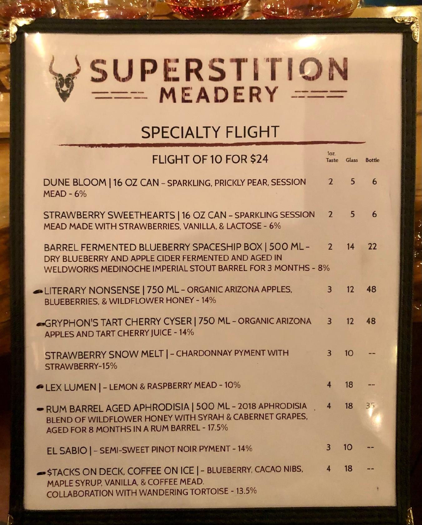 Menu at Superstition Meadery pub & bar, Prescott