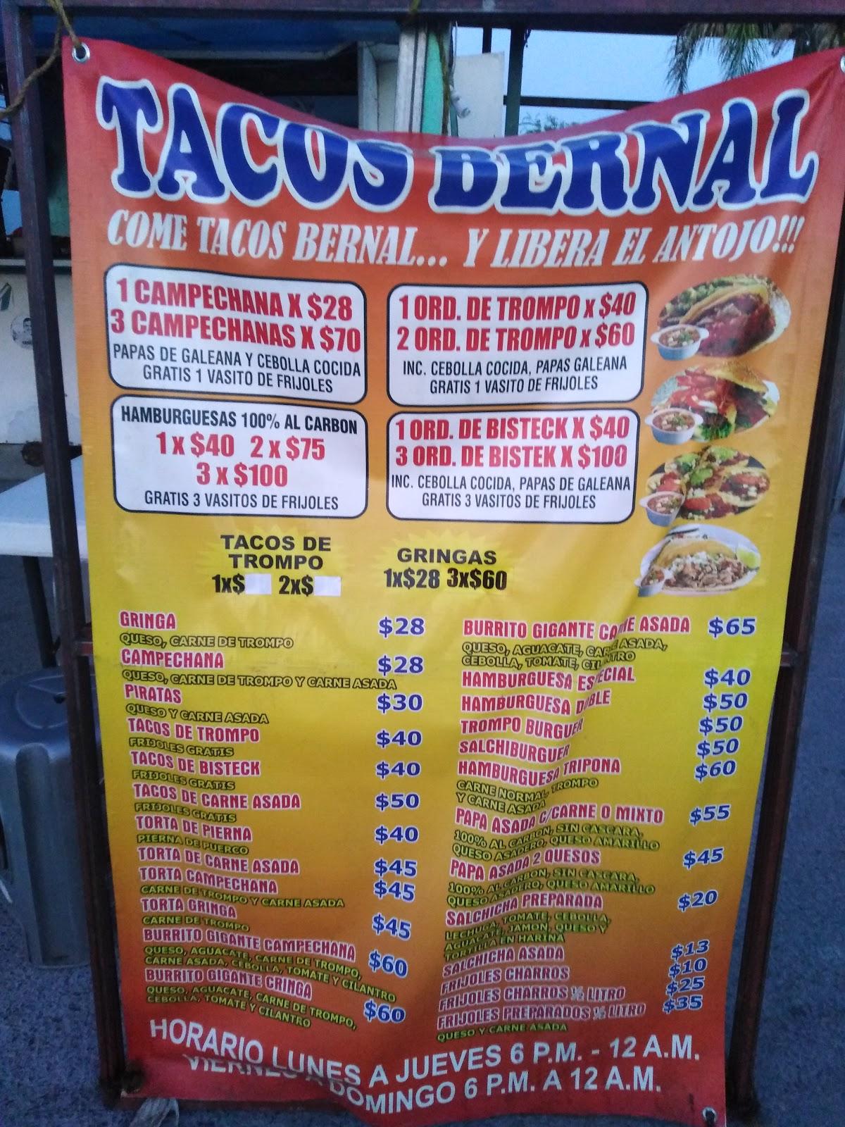 Menu at Tacos Bernal restaurant, Ciudad Apodaca