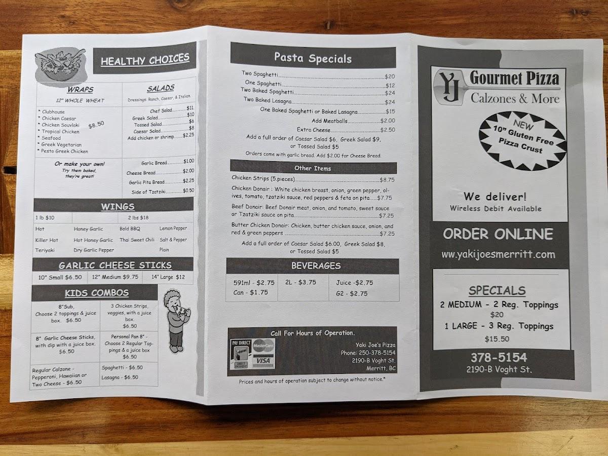 Menu at Yaki Joe's Pizza pizzeria, Merritt