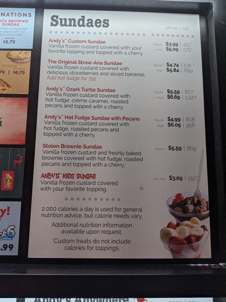 Menu at Andy's Frozen Custard desserts, Waco