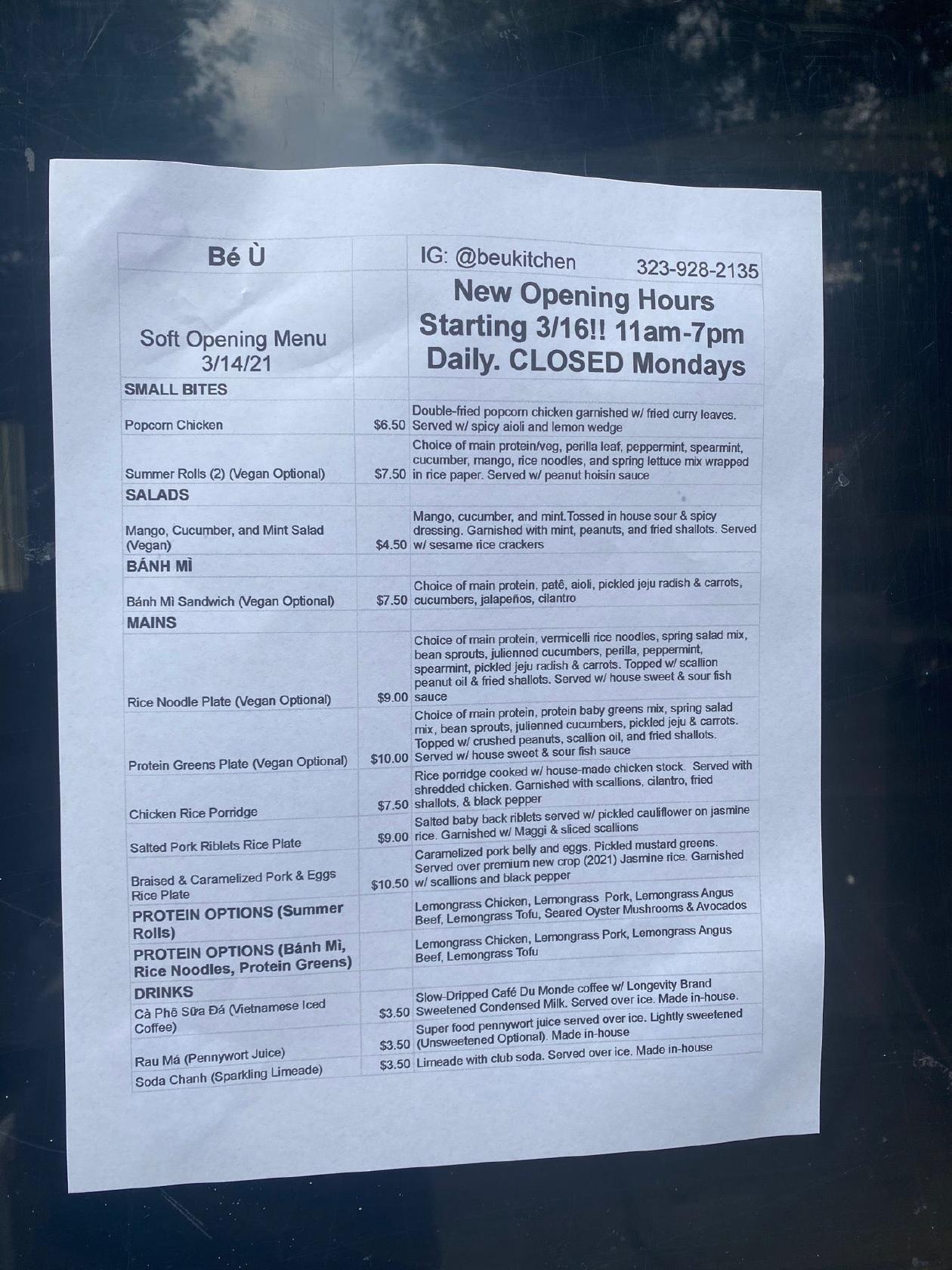 Menu at Bé Ù - Vietnamese Street Food & Comfort Food restaurant, Los ...