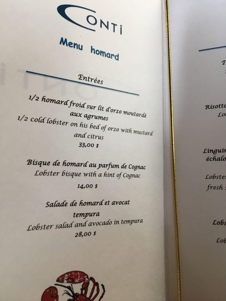 Menu at CONTI - Cuisine Italien / Francaise - Fruit de Mer / Burgers ...
