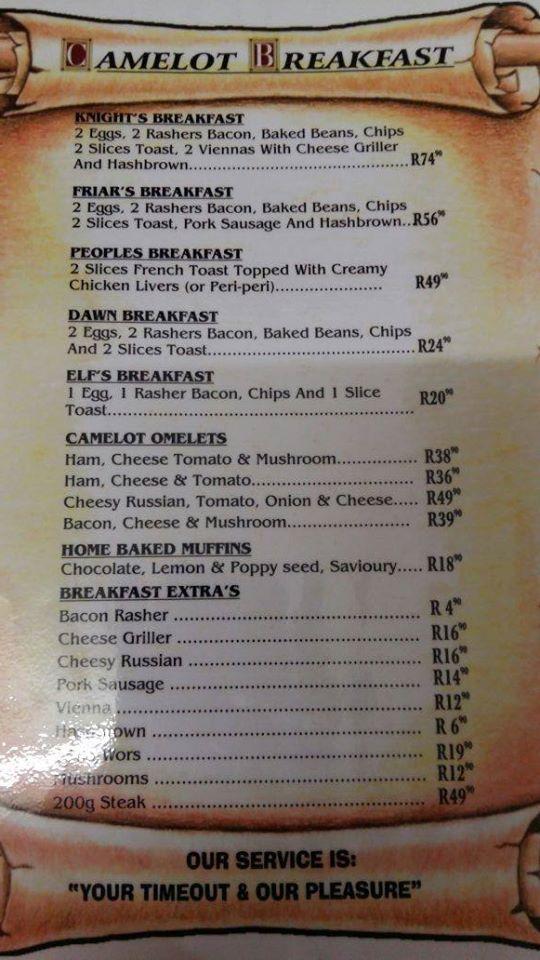 Menu at Camelot Restaurant&pub, Randfontein