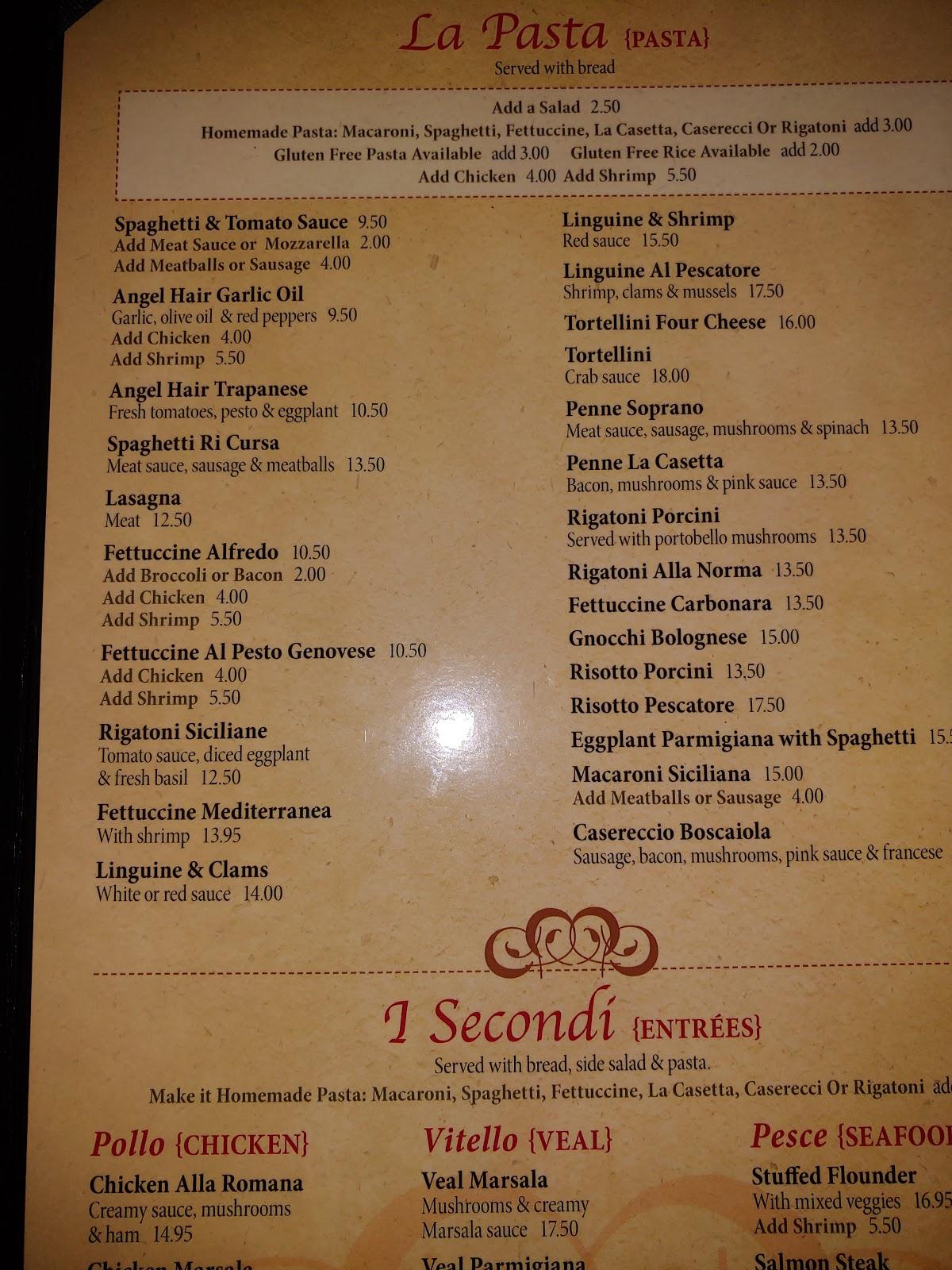Menu at La Casetta restaurant, New Bern