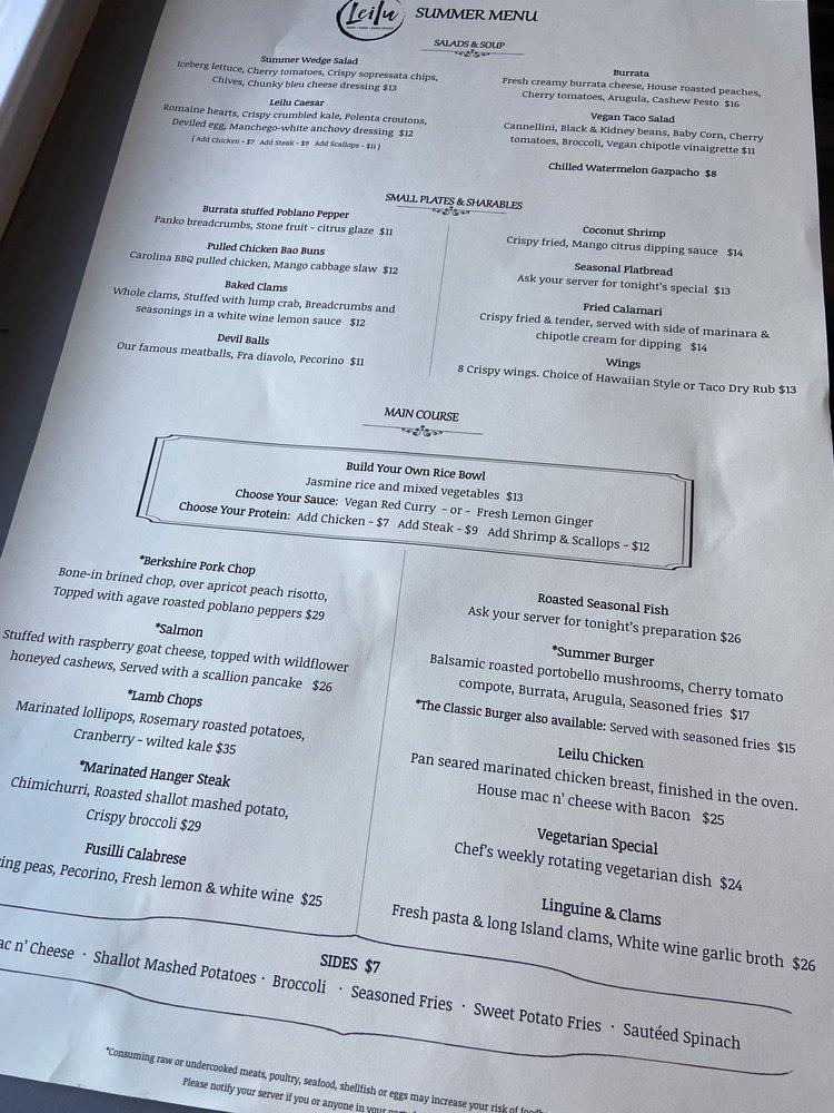 Menu at Leilu restaurant, Huntington