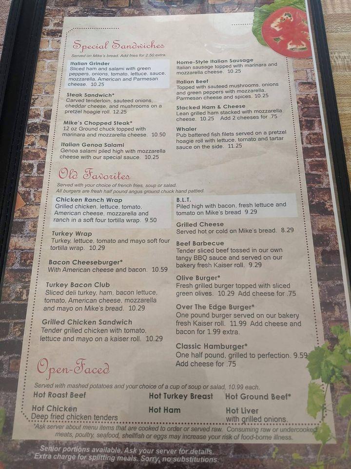 Menu at Mike's Restaurant, Ironwood