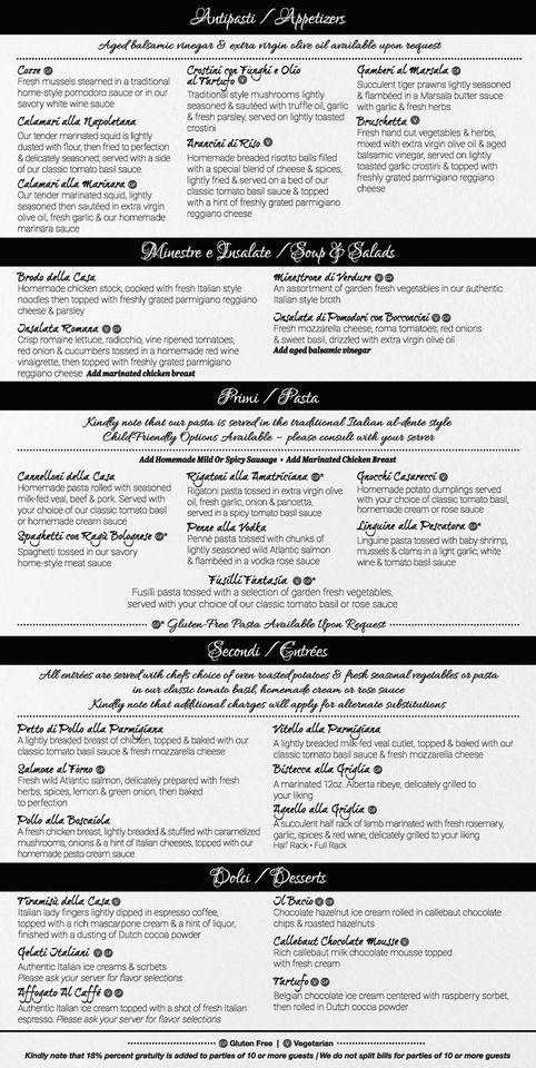 Menu at Sanremo Italian Bistro restaurant, St. Albert, 10A Perron St