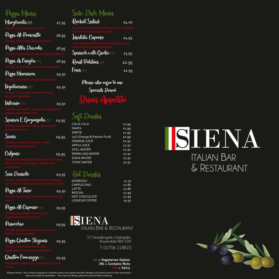 Menu at Siena Restaurant, Haslingden