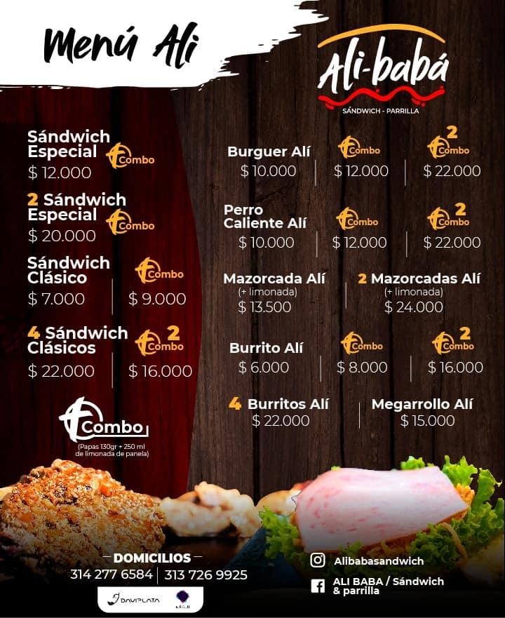 Carta de ALI BABA / Sándwich & Parrilla, Villavicencio, carrera 19D 19 ...