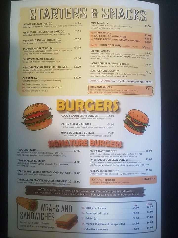 Menu at Coco's Soul Food cafe, Preston