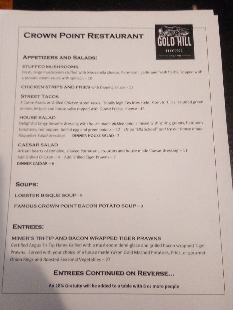 Menu at Crown Point Restaurant, Virginia City