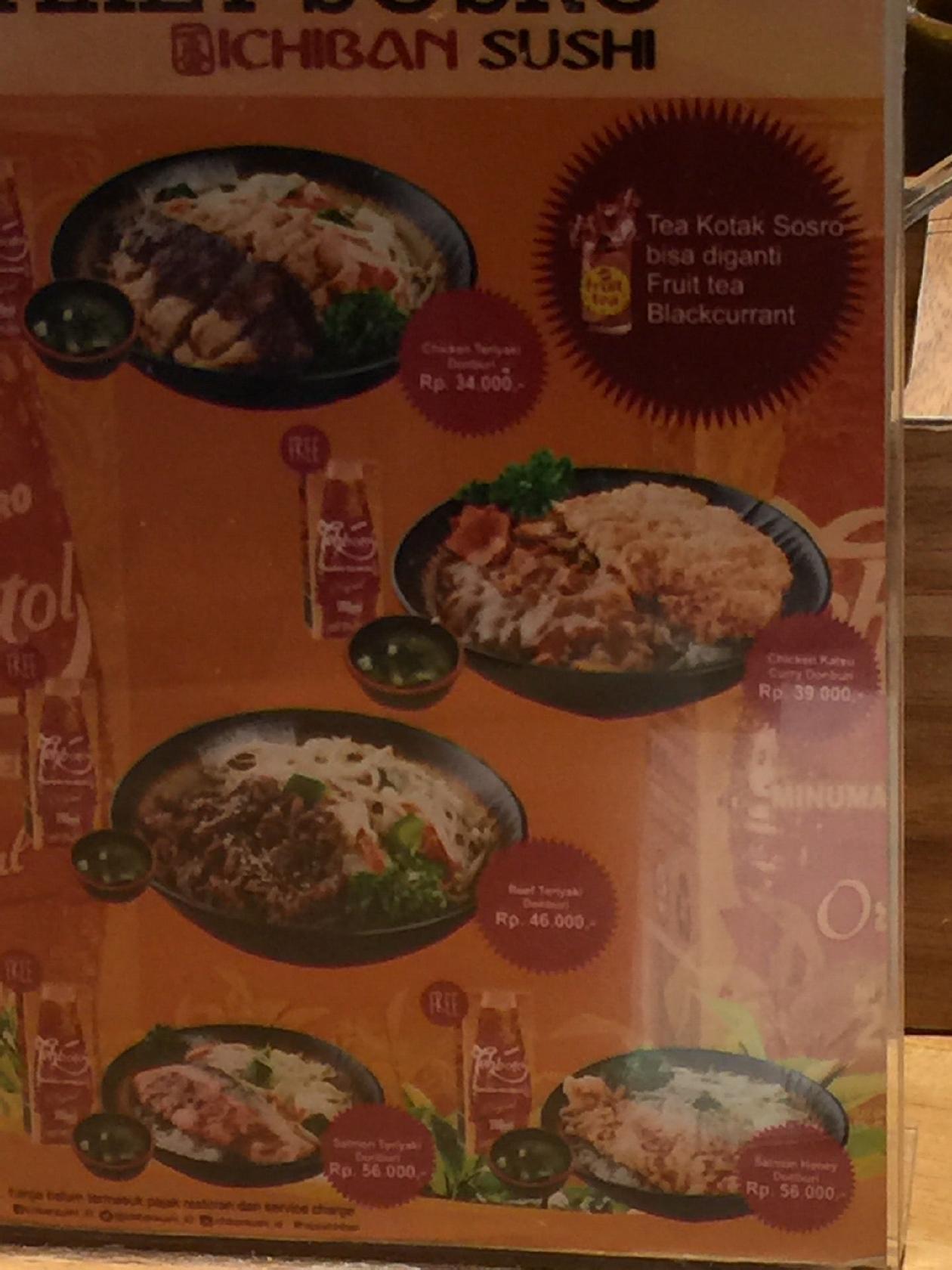 Menu at Ichiban Sushi restaurant, Manado