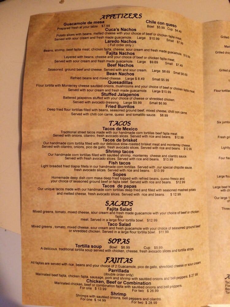 Menu at Maria Cuca's Mexican Cuisine restaurant, Keller