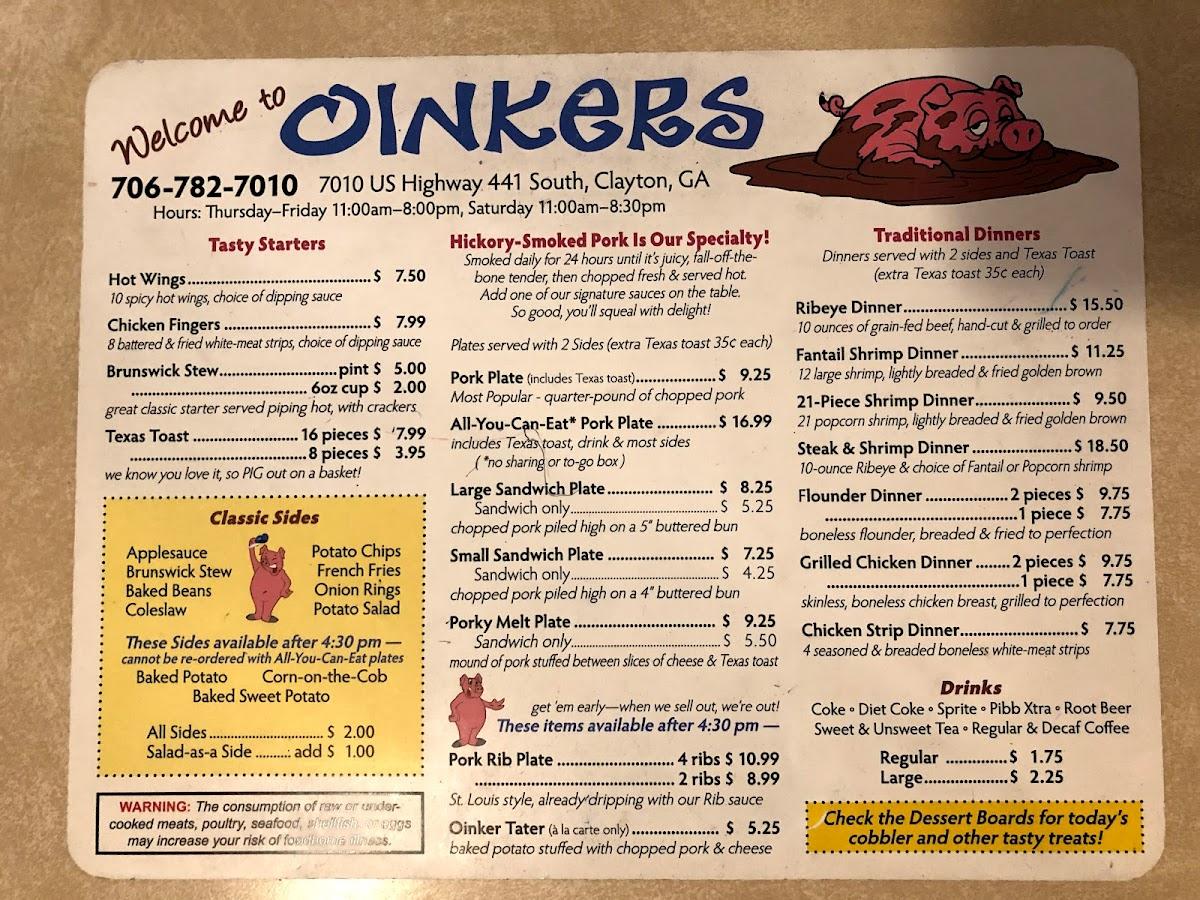 Menu at Oinkers BBQ, Clayton, 2353 Hwy 441