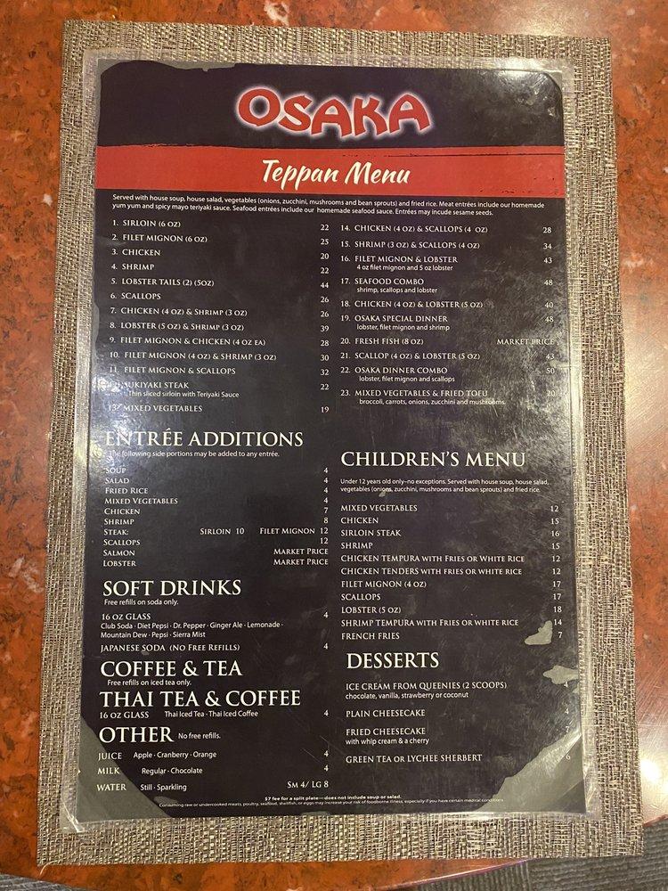 Menu at Osaka Japanese Steakhouse, Fort Myers, San Carlos Blvd
