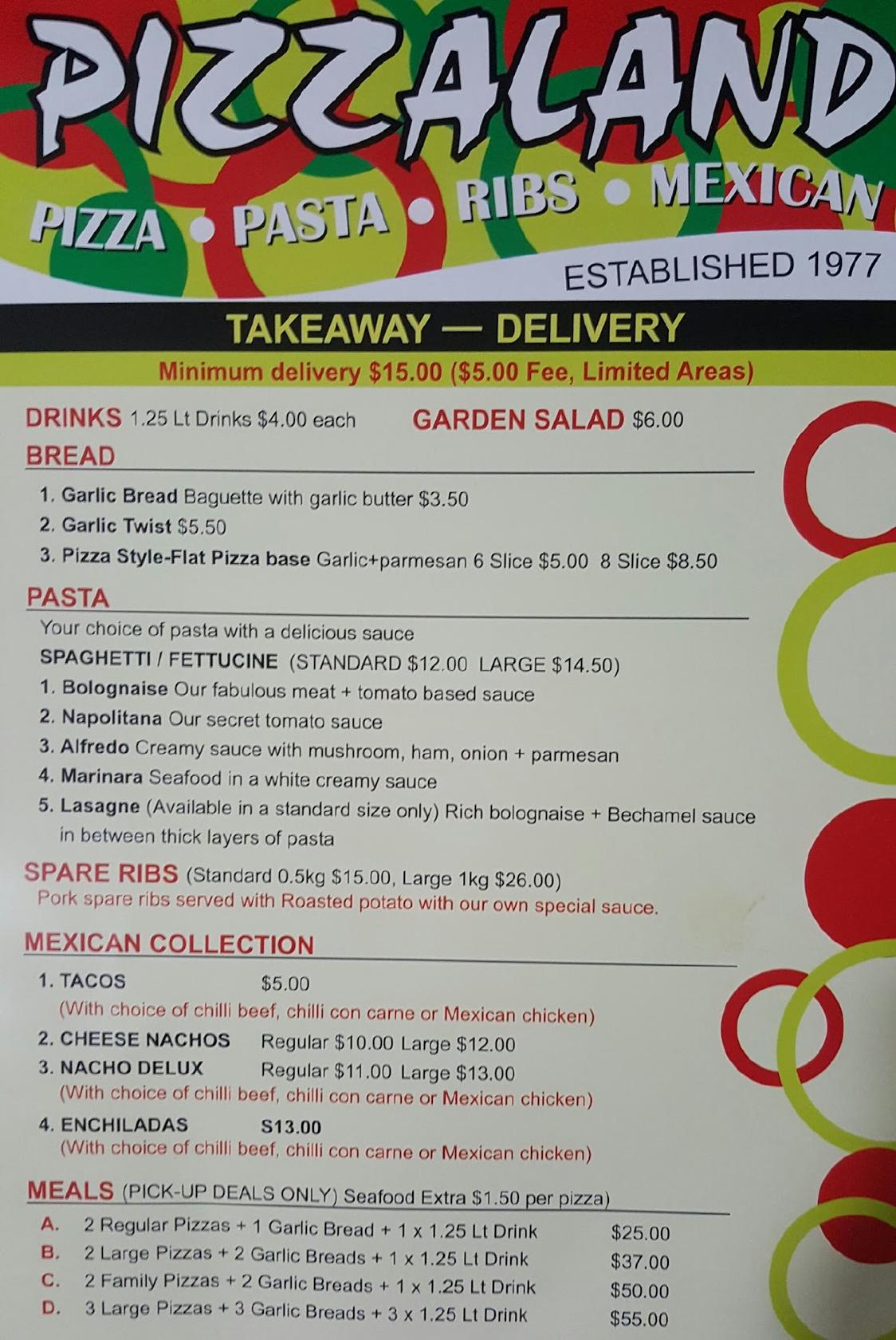 Menu at Pizzaland Manly West pizzeria, Manly West