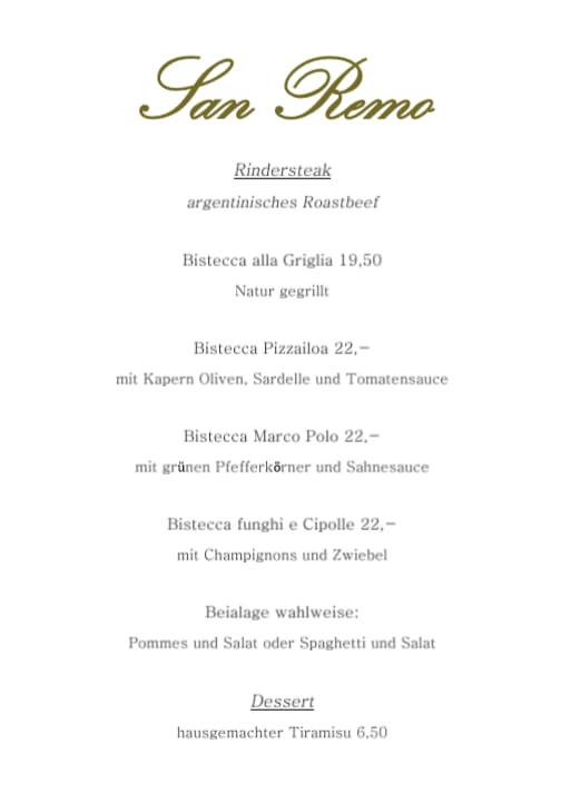 Menu at Ristorante - Pizzeria San Remo, Schmelz