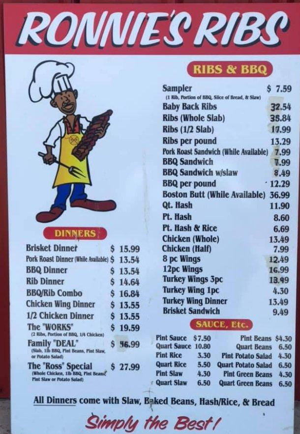 Menu at Ronnie's Ribs BBQ, Elgin