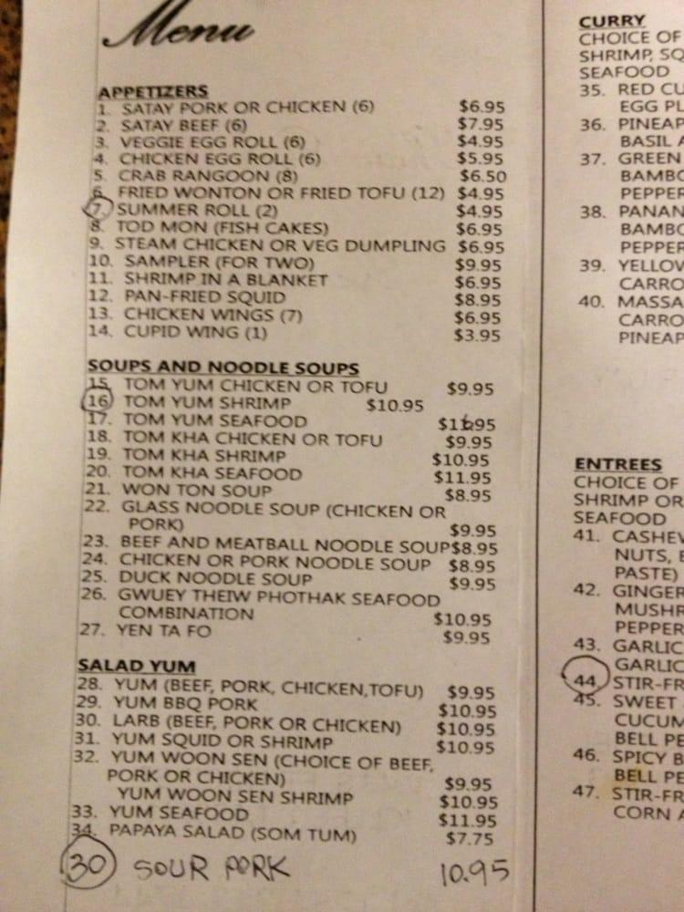 Menu at Tham Rab Thai Restaurant, Killeen
