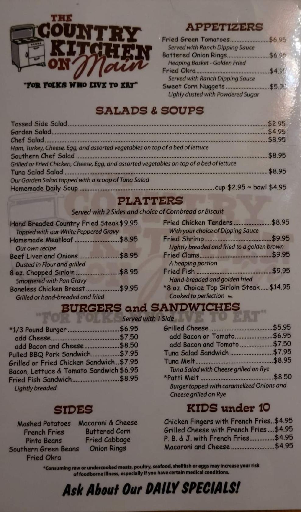Menu at The Country Kitchen on Main restaurant, Crossville