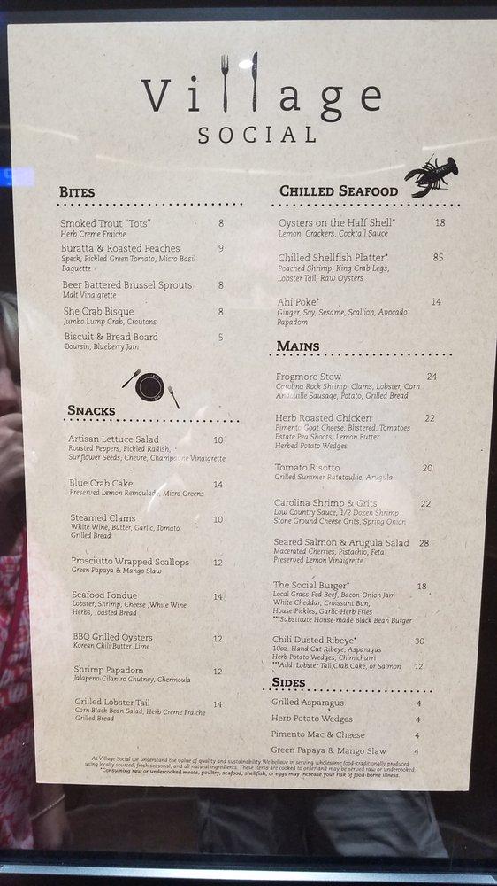 Menu at Village Social, Asheville