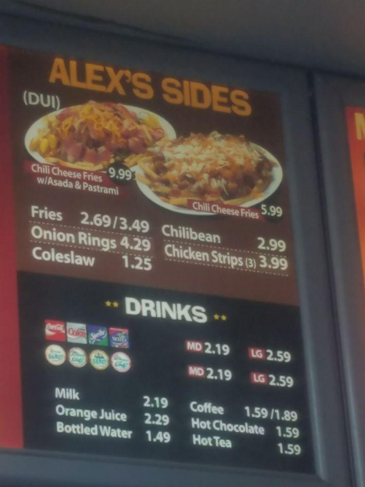Menu at Alex Burgers restaurant, Los Angeles, E Olympic Blvd