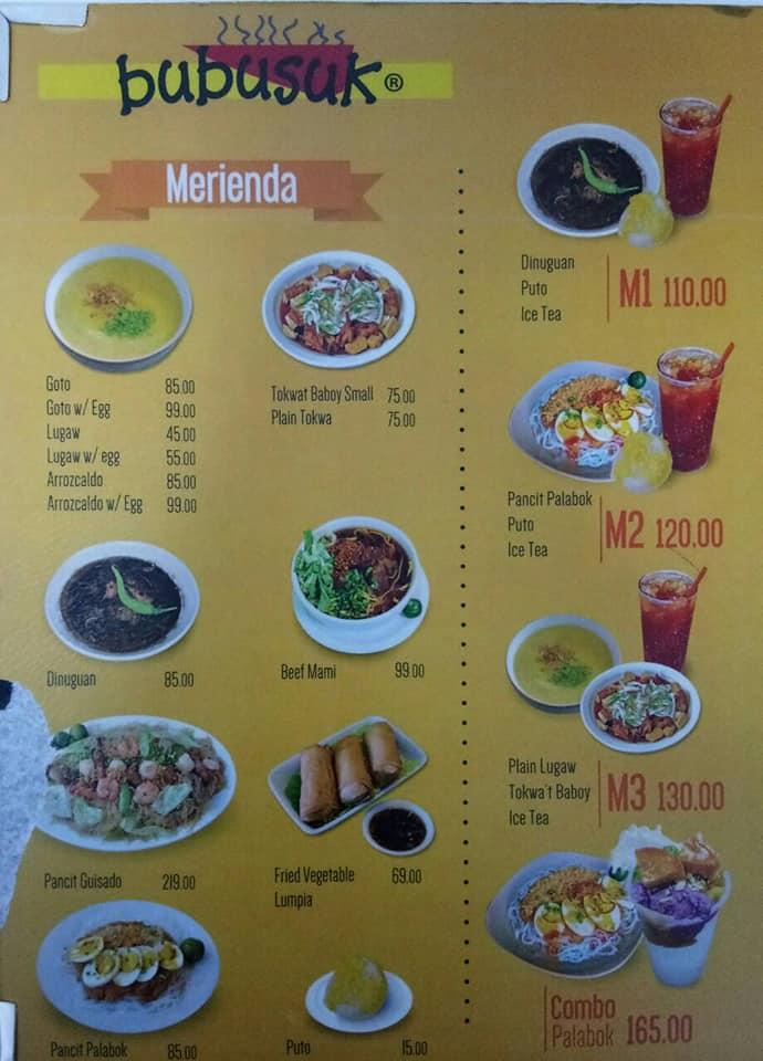 Menu at Bubusuk restaurant, City of Balanga