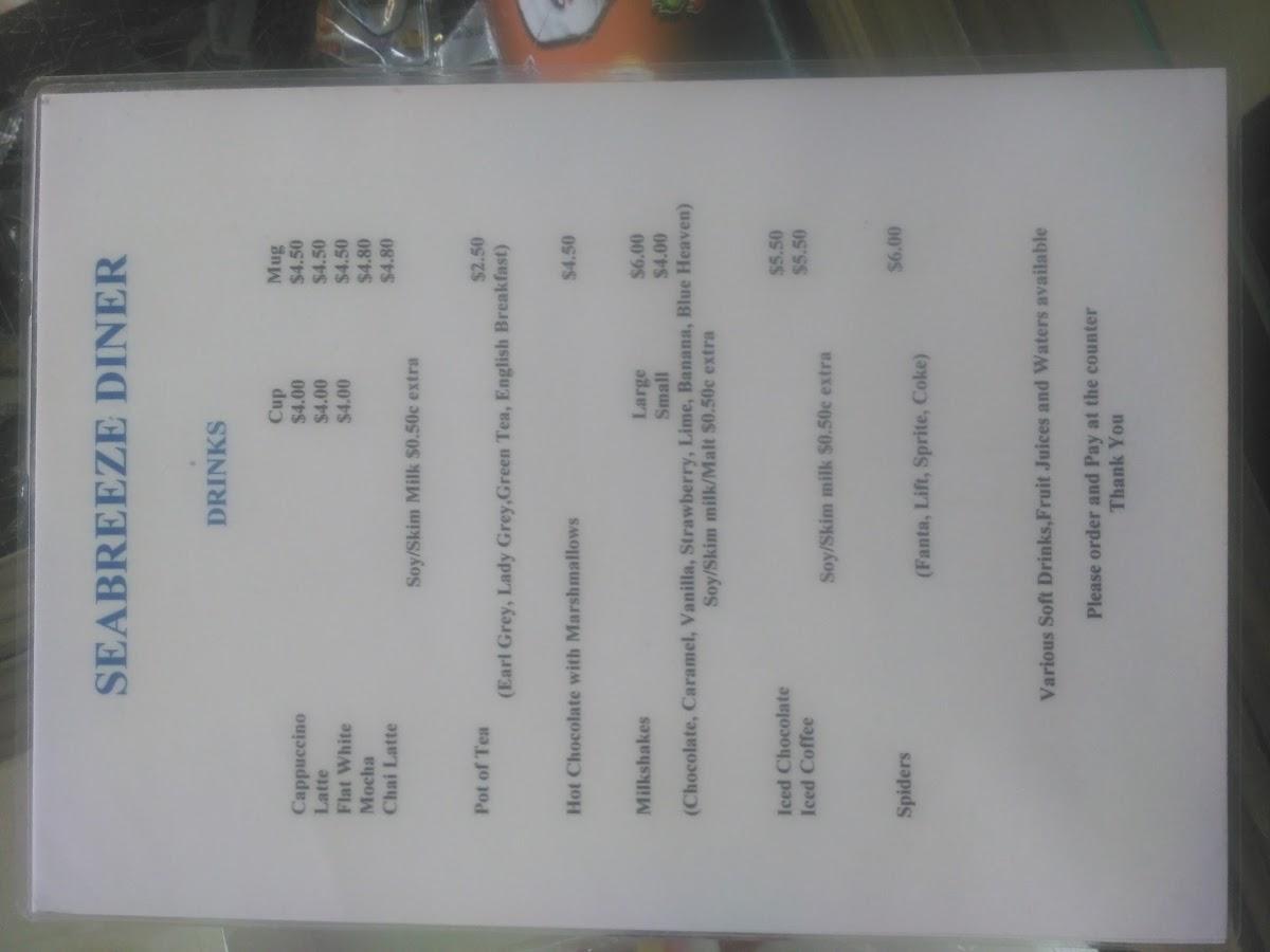 Menu at Seabreeze Diner fast food, Merimbula