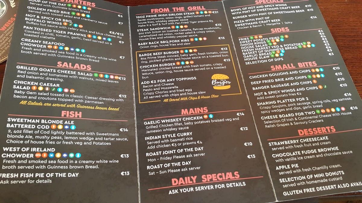 Menu at The Barge Gastro Bar, Dublin