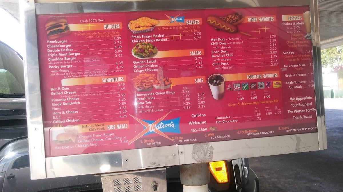 Menu at Watson's Drive In restaurant, Denison