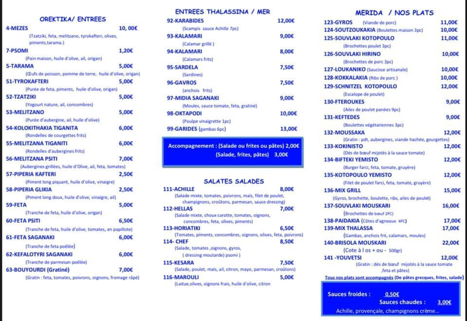 Menu au Chez Achille Le Grec, Seraing