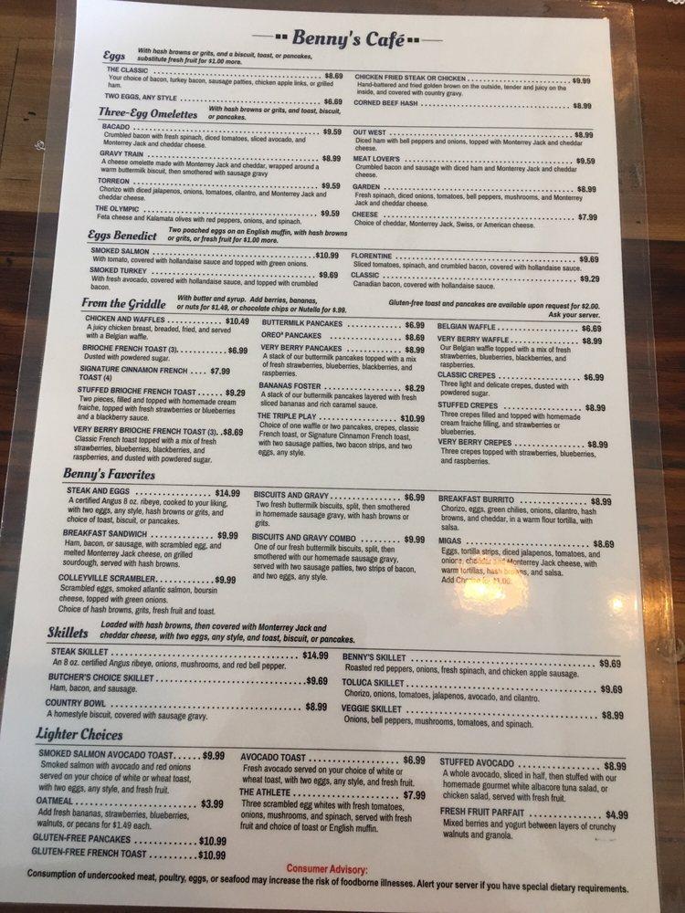 Menu at Benny's Cafe, Colleyville