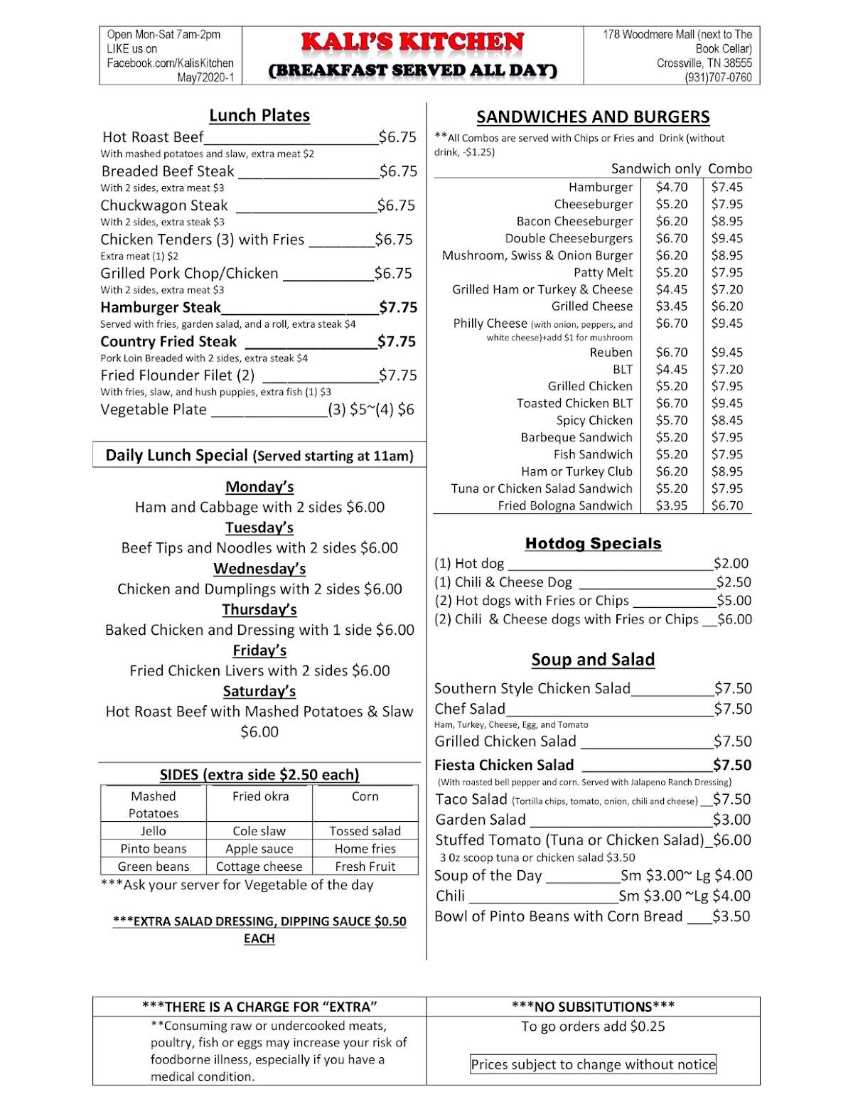 Menu at Kali's Kitchen restaurant, Crossville, 178 Woodmere Mall