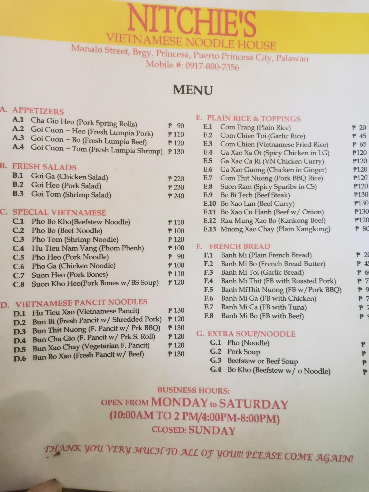 Menu at Nitchie's Vietnamese Noodle House restaurant, Puerto Princesa