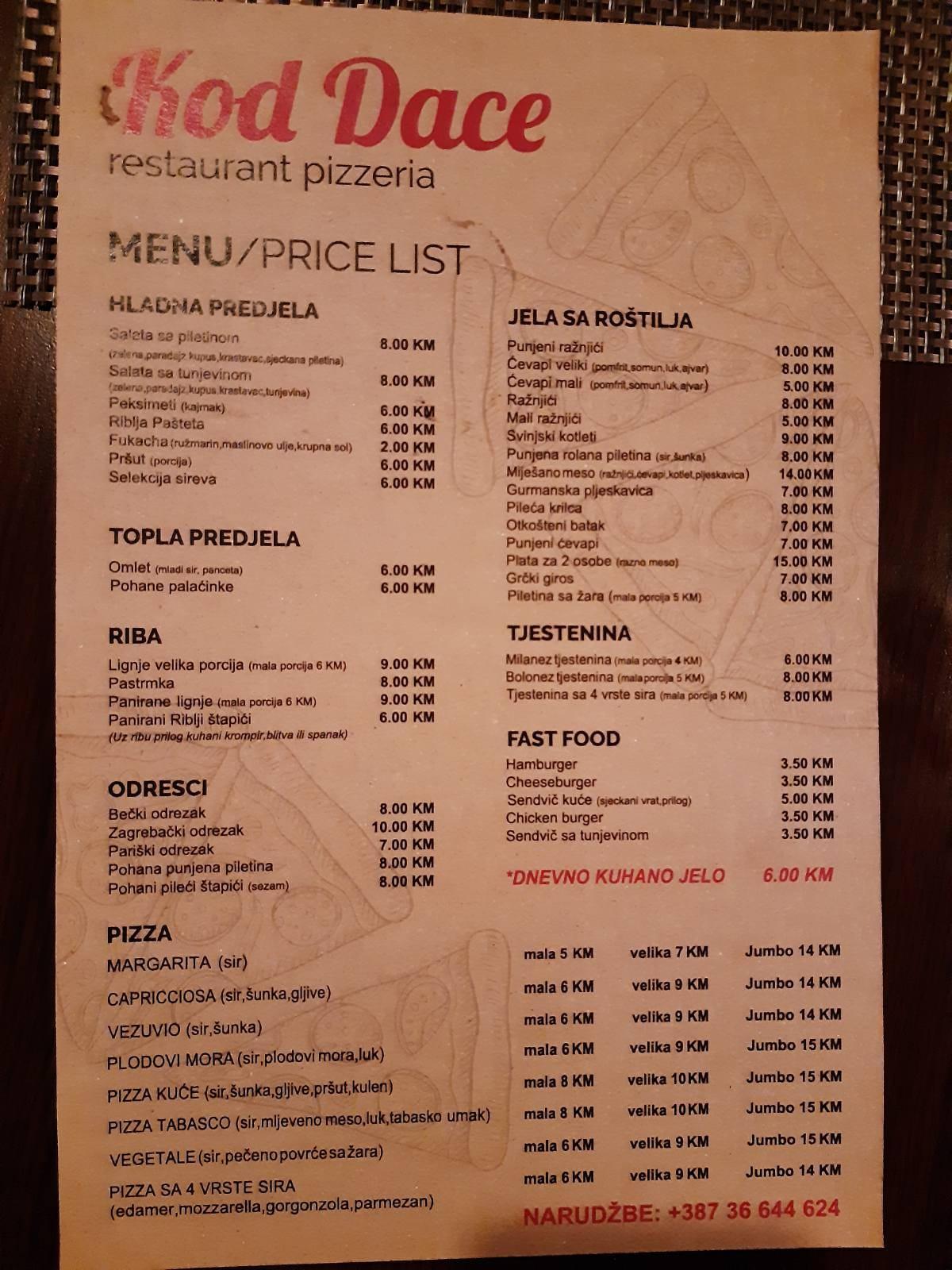 Menu at Restoran Kod Dace restaurant, Čitluk