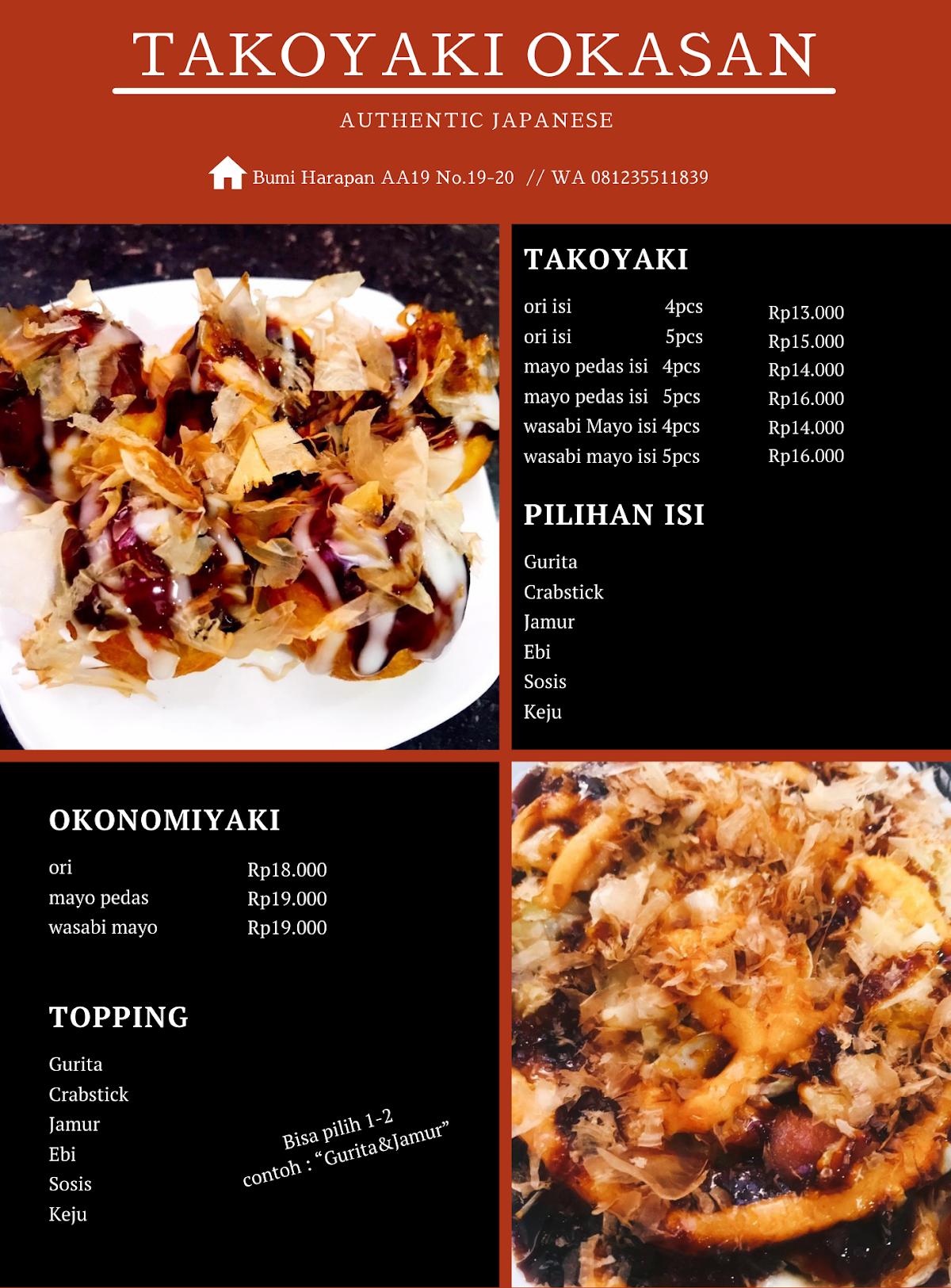Menu at Takoyaki Okasan, Bandung