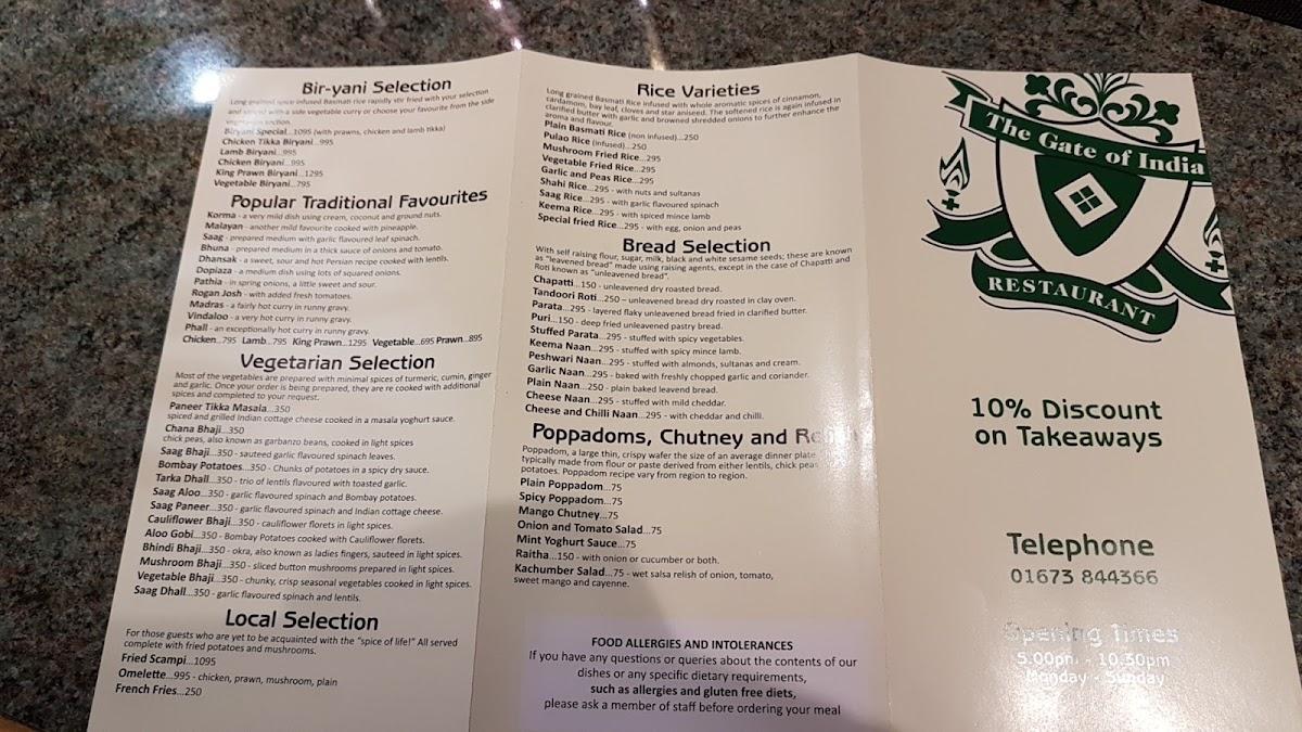 Menu at The Gate Of India restaurant, Market Rasen