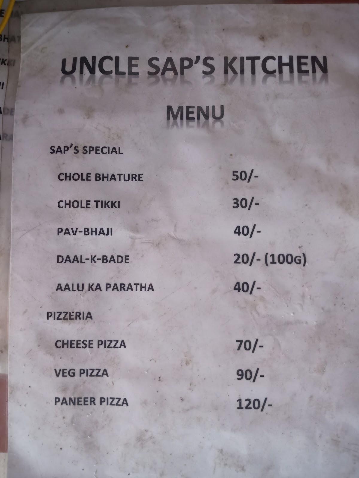 Menu at UNCLE SAP'S KITCHEN, Jodhpur, 6W4J+XFW