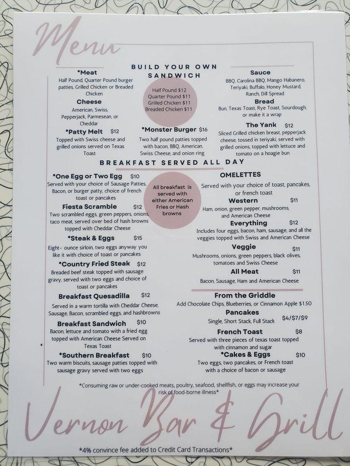 Menu at Vernon Bar & Grill, Cedar Rapids
