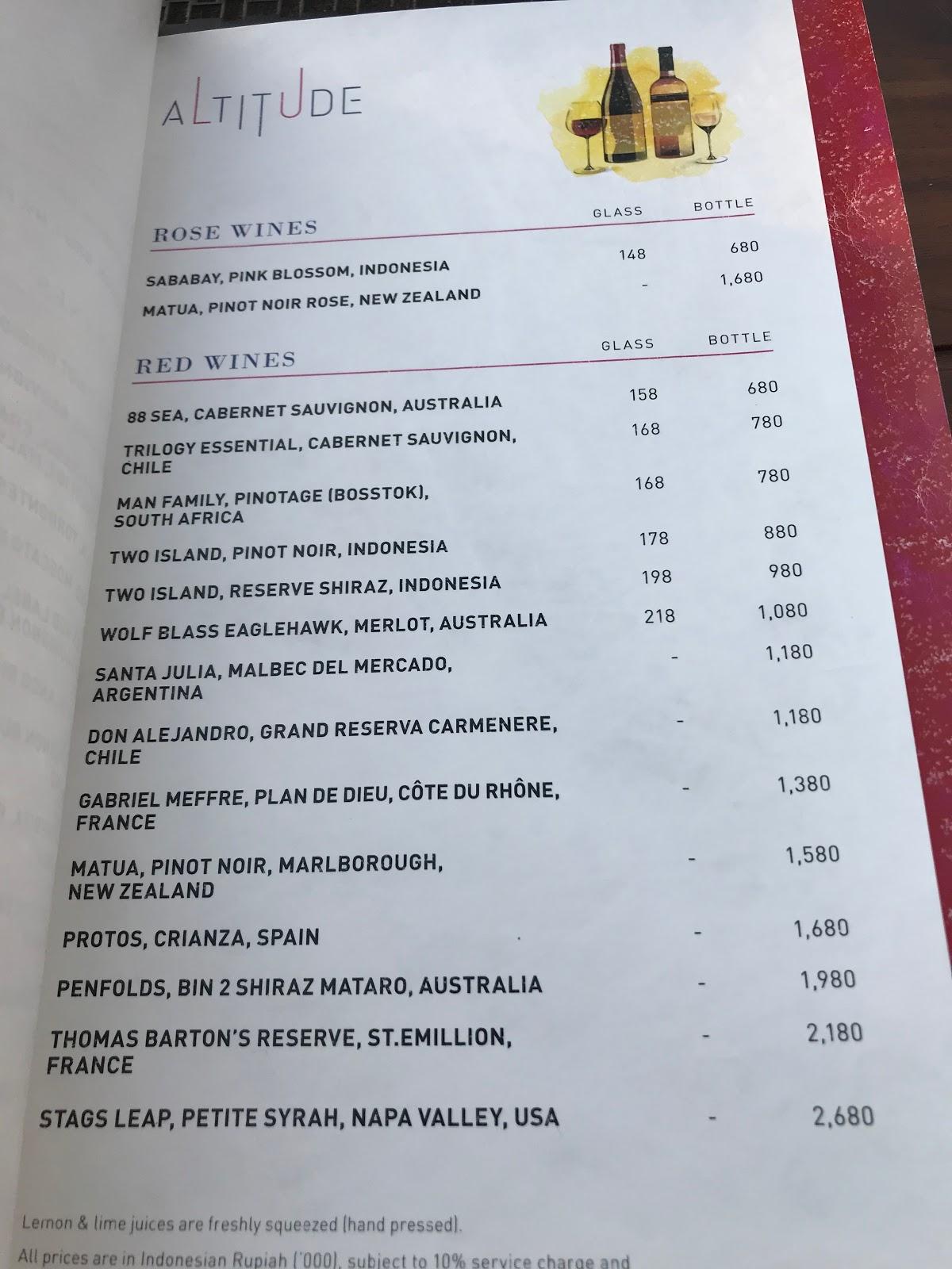 Menu at Altitude Rooftop Bar & Lounge, Batam