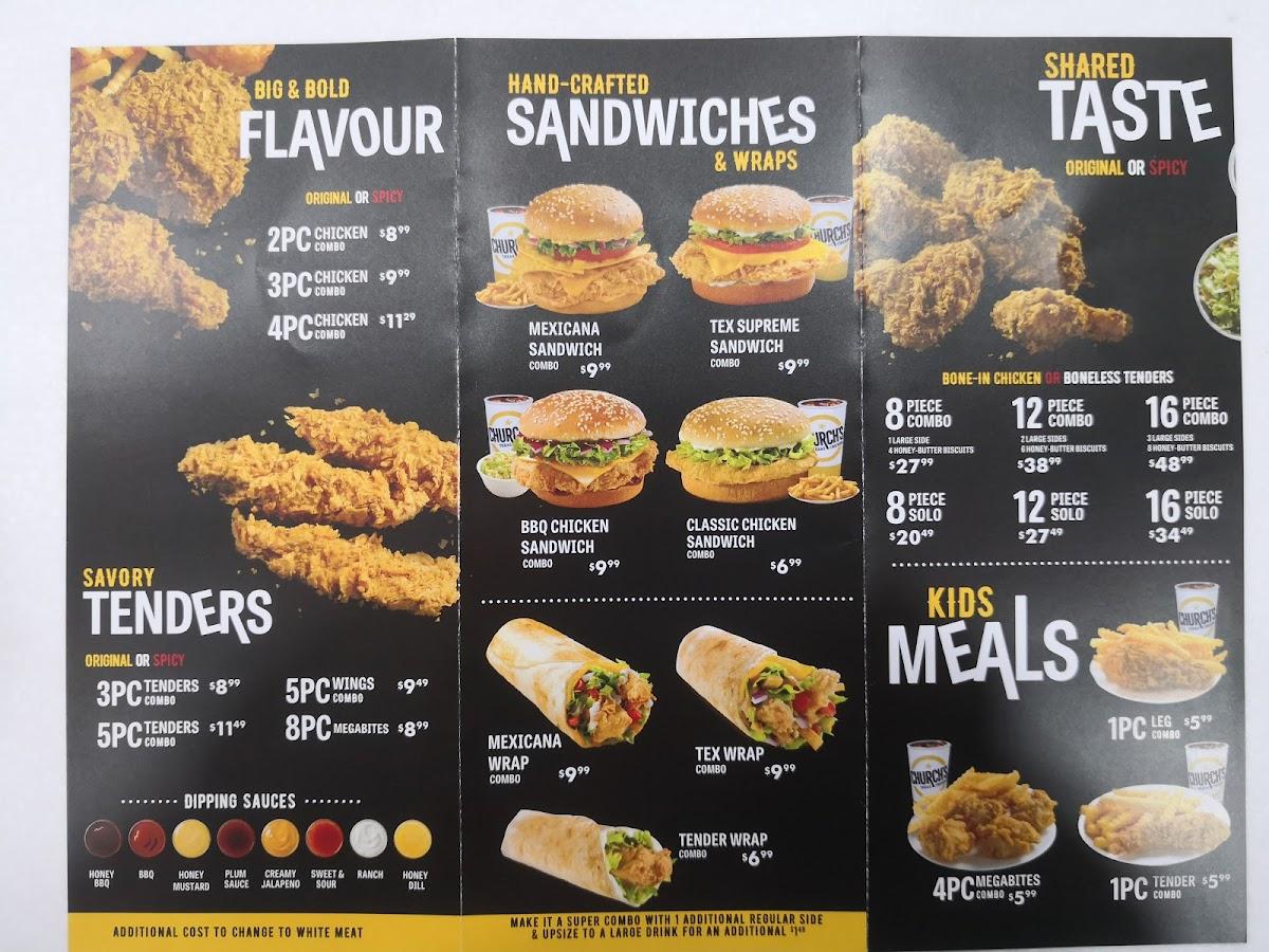 Menu at Church's Texas Chicken fast food, Waterloo