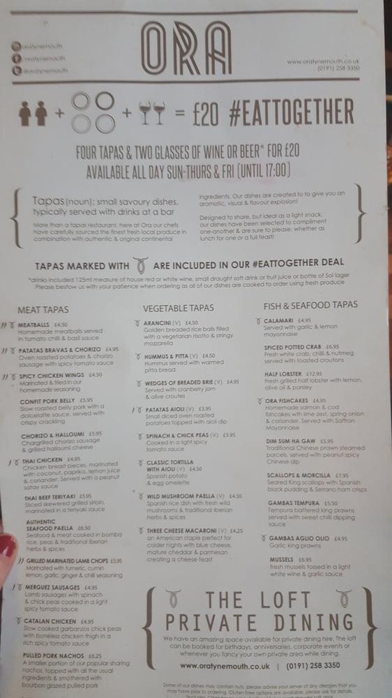 Menu at Ora restaurant, Tynemouth