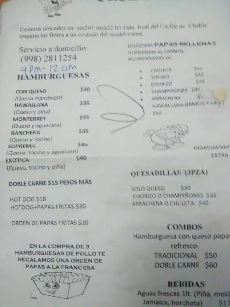 Menu at Papa Burguer al Carbon restaurant, Cancún