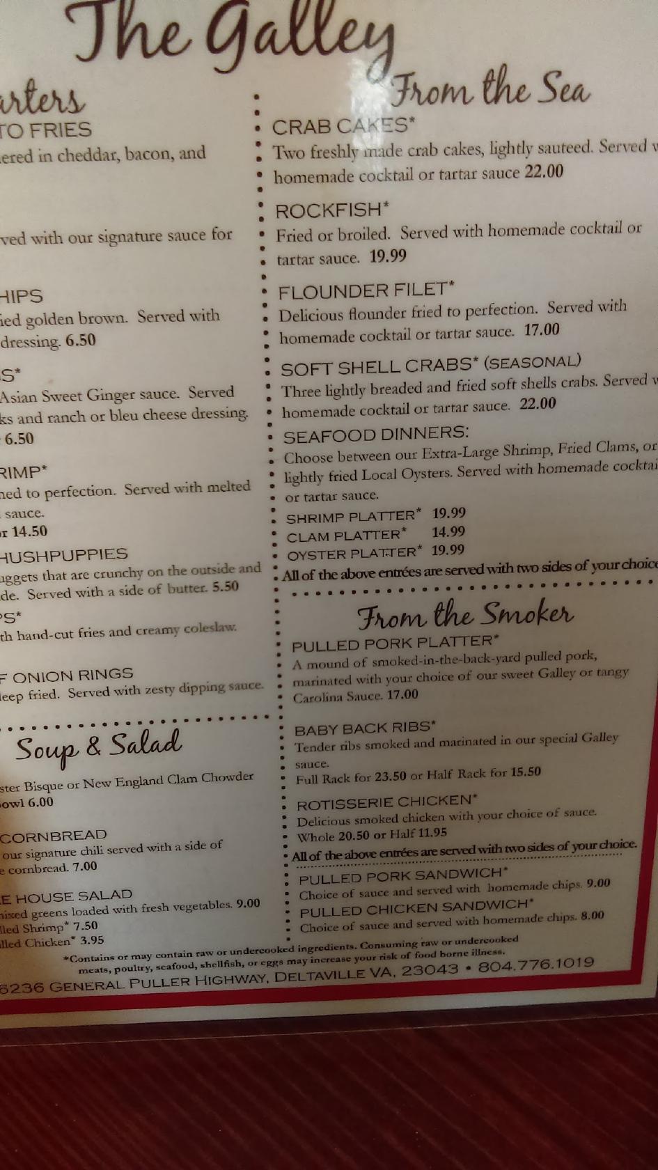 Menu at The Galley restaurant, Deltaville