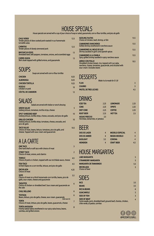 Menu at Mezontle pub & bar, Torrance