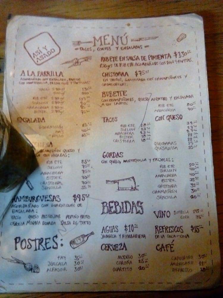 Menu at Así y Asado steakhouse, Zapopan