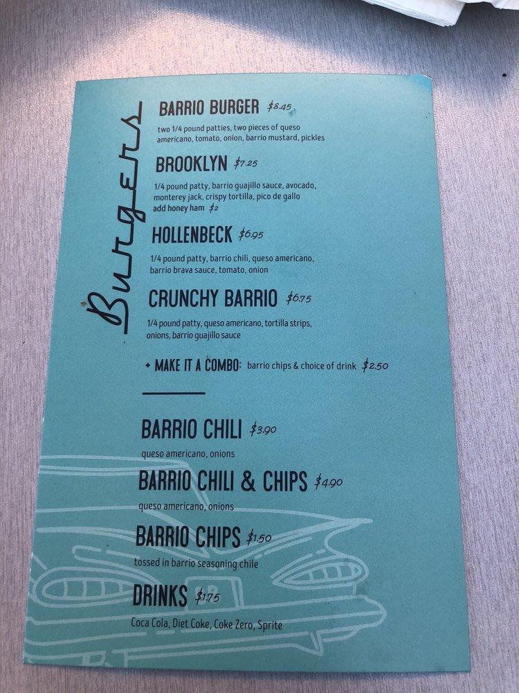 Menu at Barrio Burgers, Los Angeles